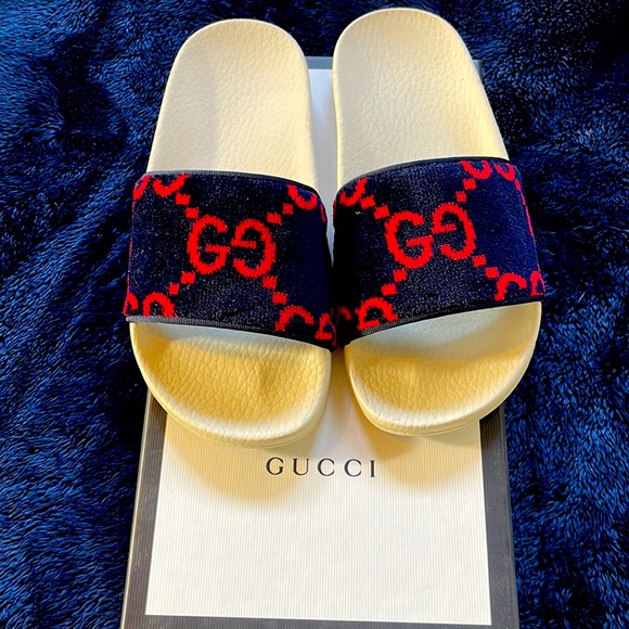 Gucci | Shoes | Gucci Navy Red Monogram Slides Size 36 | Poshmark
